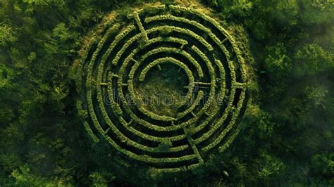 Drone Point Of View Of Grass Labyrinth On Field Landscape With