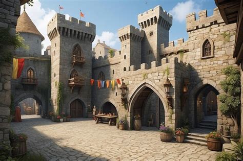 A Medieval Castle Courtyard Surrounded By Stone Walls Complete With A