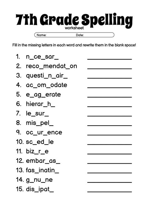 7th Grade Spelling Practice Worksheet Download And Print Now