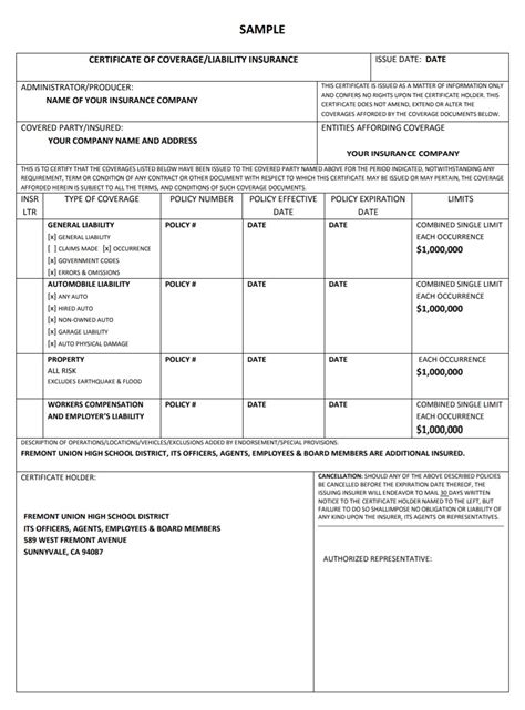 Certificate Of Liability Insurance Template Ablebionics