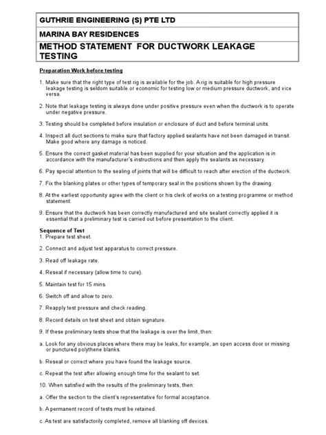 Method Statement For Ductwork Leakage Testing Guthrie Engineering S
