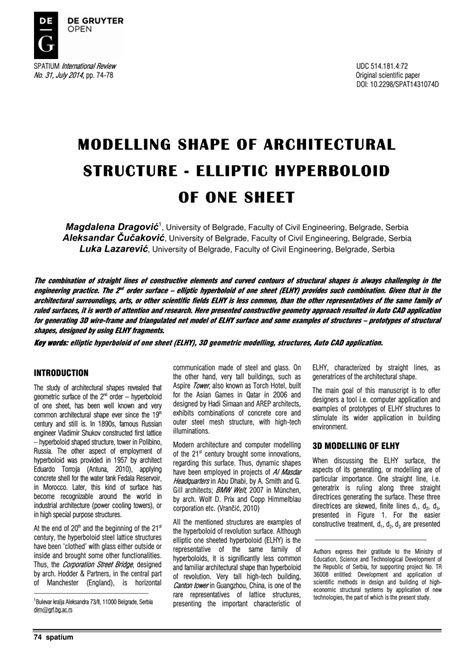 Pdf Modelling Shape Of Architectural Structure Elliptic Hyperboloid