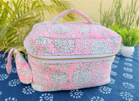 Cotton Pink Hand Block Printed Vanity Bag For Women To Carry Cosmatic