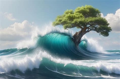Image Of Tree On The Wave Mixed Media Premium Ai Generated Image