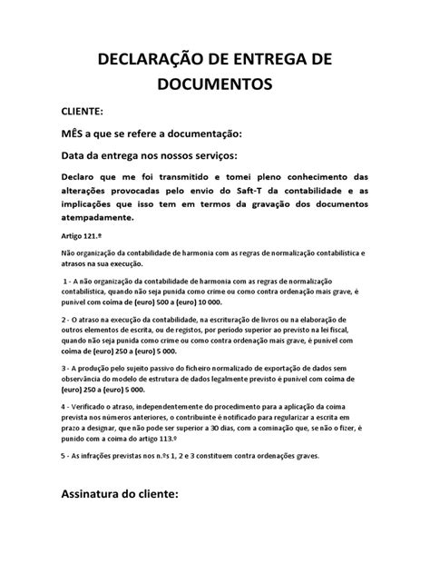 Declaração De Entrega De Documentos Pdf