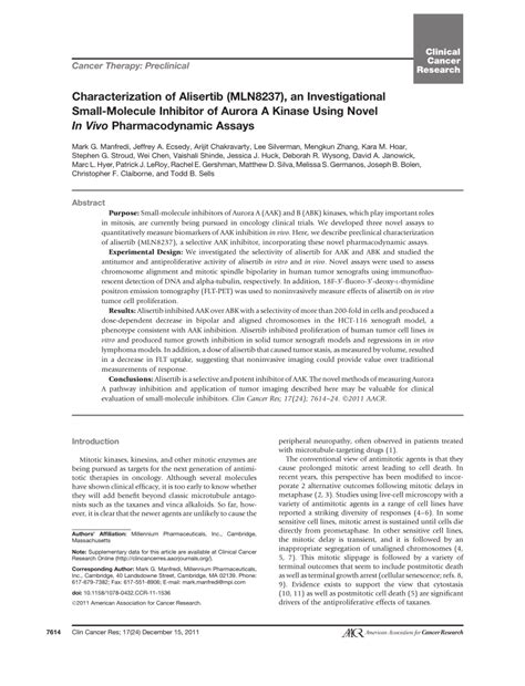 Pdf Characterization Of Alisertib Mln8237 An Investigational Small