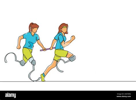 Single Continuous Line Drawing Two Disable Runners With Prosthesis Leg