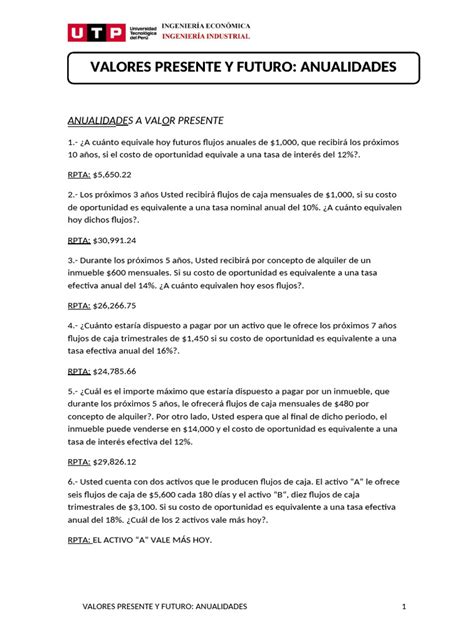 S07 Ejercicios Valor Presente Y Futuro Anualidades Pdf