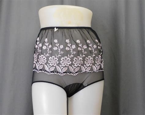Vintage Sheer Black Nylon Panties With Embroidery 1960s 26 Waist Etsy