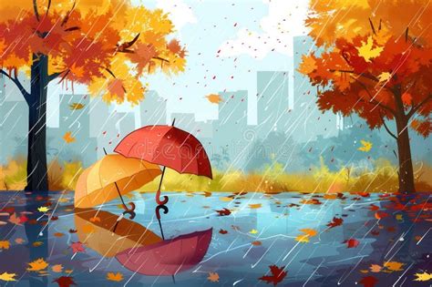 Colorful Umbrellas Stand Out Against Puddles As Autumn Leaves Fall On A