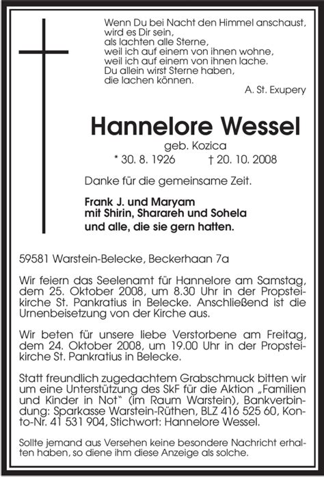Traueranzeigen Von Hannelore Wessel Trauer In Nrw De