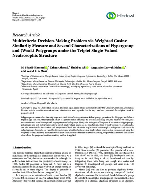 Pdf Multicriteria Decision Making Problem Via Weighted Cosine Similarity Measure And Several