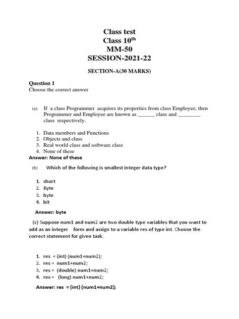 Class Test Class 10 Mm 50 Session 2021 22 Section A 30 Marks Pdf