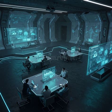 Futuristic Control Room with Several Tables, Each Equipped with Large Transparent Stock ...