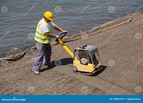 Builder Worker At Sand Ground Compaction Editorial Photo Image Of