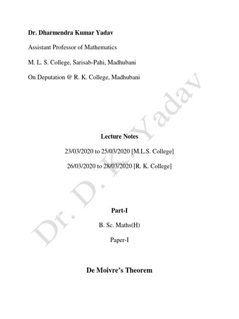Math De Moivre Theorem By Dr D K Yadav As On 30 03 20 Min Pdf Numbers Complex Number