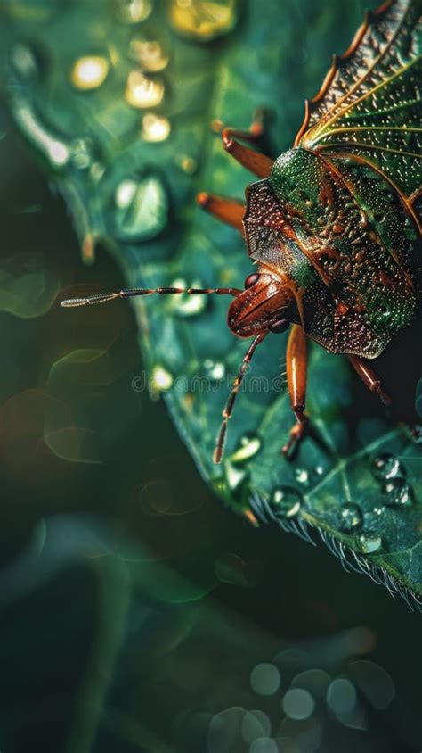 Close Up Of A Shield Bug On A Green Leaf With Water Droplets Macro