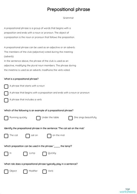Prepositional Phrase Interactive Worksheet Topworksheets