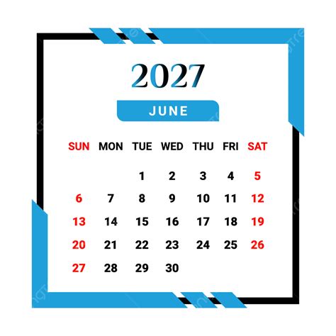 2027 June Month Calendar With Skyblue And Black Unique Style Vector