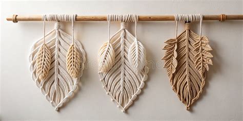 Macrame Leaf Wall Hanging In Natural Color On The Wooden Stick Cotton