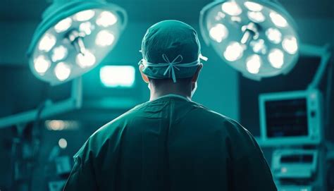 Surgeon In Green Cap And Glasses From Behind In A Brightly Lit