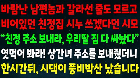 반전신청사연바람난 남편놈과 갈라선 줄 모르고 비어있던 친정집 시누 쓰겠단 시모친정 주소 보내라 우리딸 짐 다 싸놨다엿먹어 봐라 상간녀 주소 보냈더니 시댁이 풍비박산