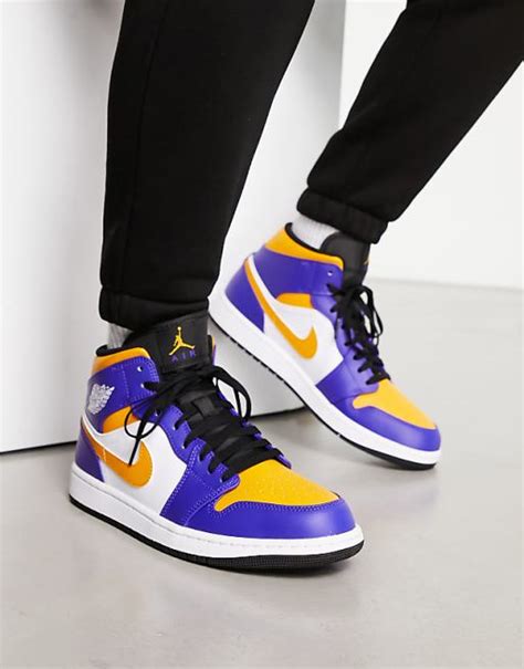 Air Jordan 1 Mid Trainers In Concord Purple And Taxi Yellow Asos
