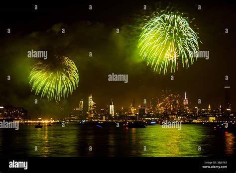 July 4th Independence Day Fireworks Show With Skyline Over Hudson River