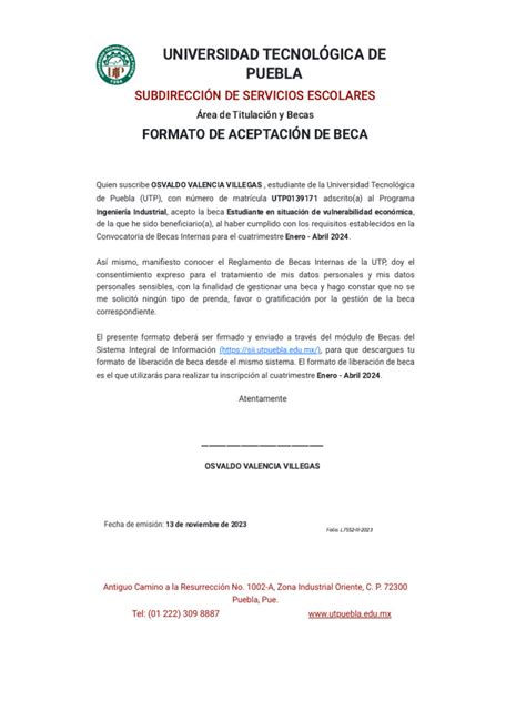 Formato De AceptaciÓn De Beca General Pdf