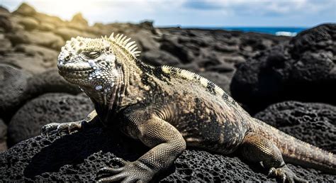 Marine Iguana Basking On Black Volcanic Rocks Galapagos Islands