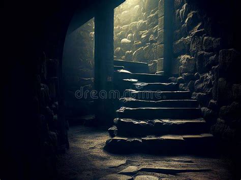 Medieval Castle Dungeon Catacombs In Darkness With Stairs And Stone