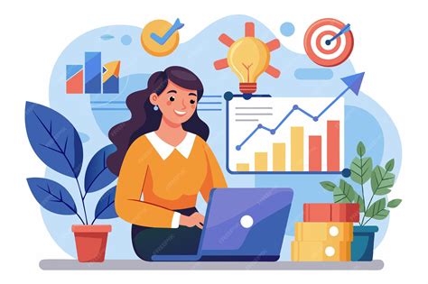 A Woman Evaluates Business Growth Metrics Using A Laptop In A Vibrant Office Filled With Charts