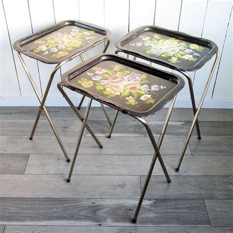 Vintage Mid Century Metal Tv Trays With Floral Design