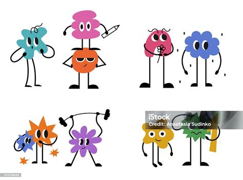 웃는 캐릭터로 재미있는 모양을 설정하십시오 플랫 스타일의 추상적인 마스코트 다양한 코믹한 감정을 가진 얼굴 다른 상황 강렬하고 밝은 색상에 대한 스톡 벡터 아트 및 기타