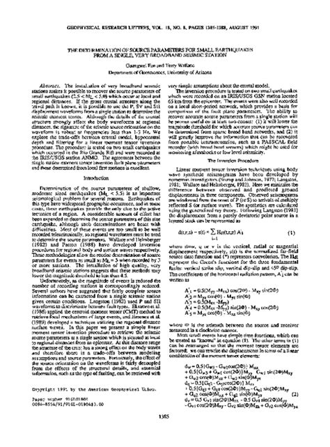 Pdf The Determination Of Source Parameters For Small Earthquakes From A Single Very Broadband