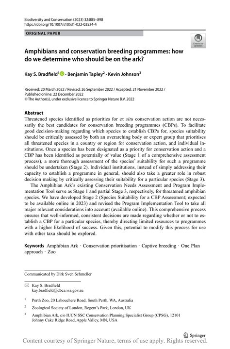 Amphibians And Conservation Breeding Programmes How Do We Determine