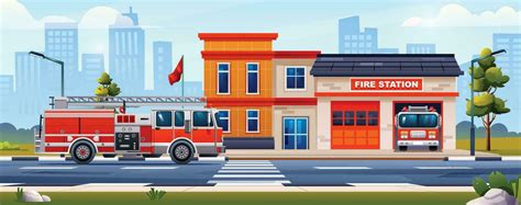 Fuego Estación Edificio Con Fuego Camiones En Paisaje Urbano