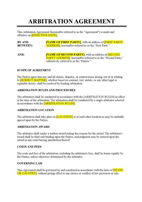 Free Arbitration Agreement Template Pdf And Word