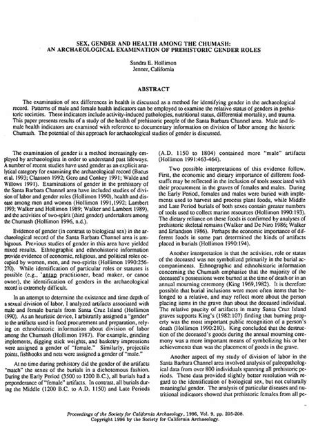 Sex Gender And Health Among The Chumash An Archeological Examination
