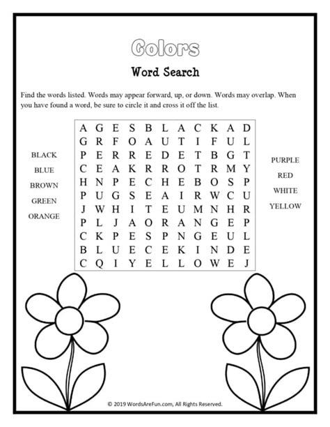 Colors Word Search Printable Easy Puzzle For Preschool And Kindergarten