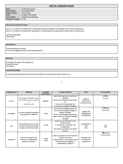 Upper Intermediate Reading And Speaking Lesson Plan For The Lesson Pdf Stress Biology