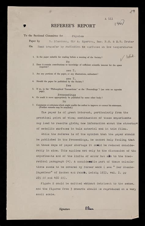 Referees Report By Franz Eugen Simon On A Paper Heat Transfer By Radiation To Surfaces At Low