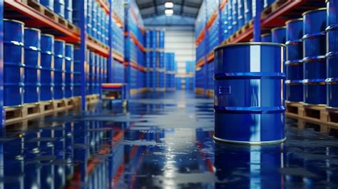 Barris Azuis Nos Paletes Contêm Produtos Químicos Líquidos No Armazém
