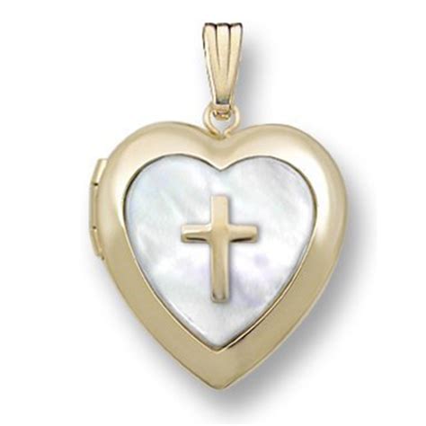 Solid 14k Yellow Gold Mother Of Pearl Cross Heart Photo Locket Pg79626