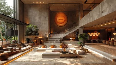 Modern Interior Design With Concrete And Wood Elements Stock