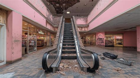 Abandoned Shopping Mall With Escalator And Peeling Pink Walls Captured