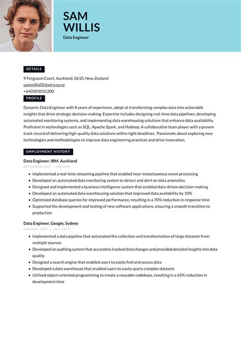Data Engineer Cv Example And Template For New Zealand 2025 · Cvappnz