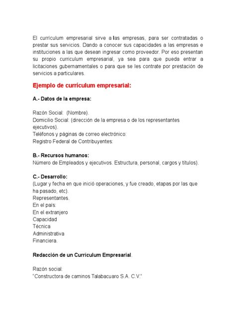 Estructura Curriculum Empresarial Pdf México Recursos Humanos