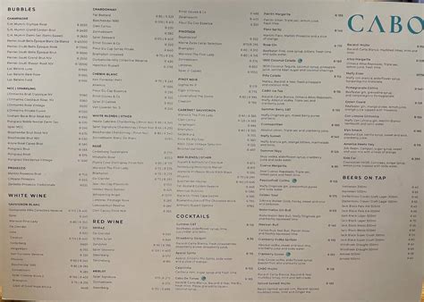 Menu Au Cabo Beach Club Le Cap