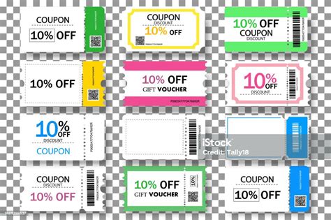 쿠폰 티켓 카드 상품권 세트 그래픽 디자인을 위한 쿠폰 카드 요소 템플릿입니다 프로모션 판매 상품권 10 할인 투명 한 배경에 벡터 다채로운 템플릿 가격에 대한 스톡 벡터